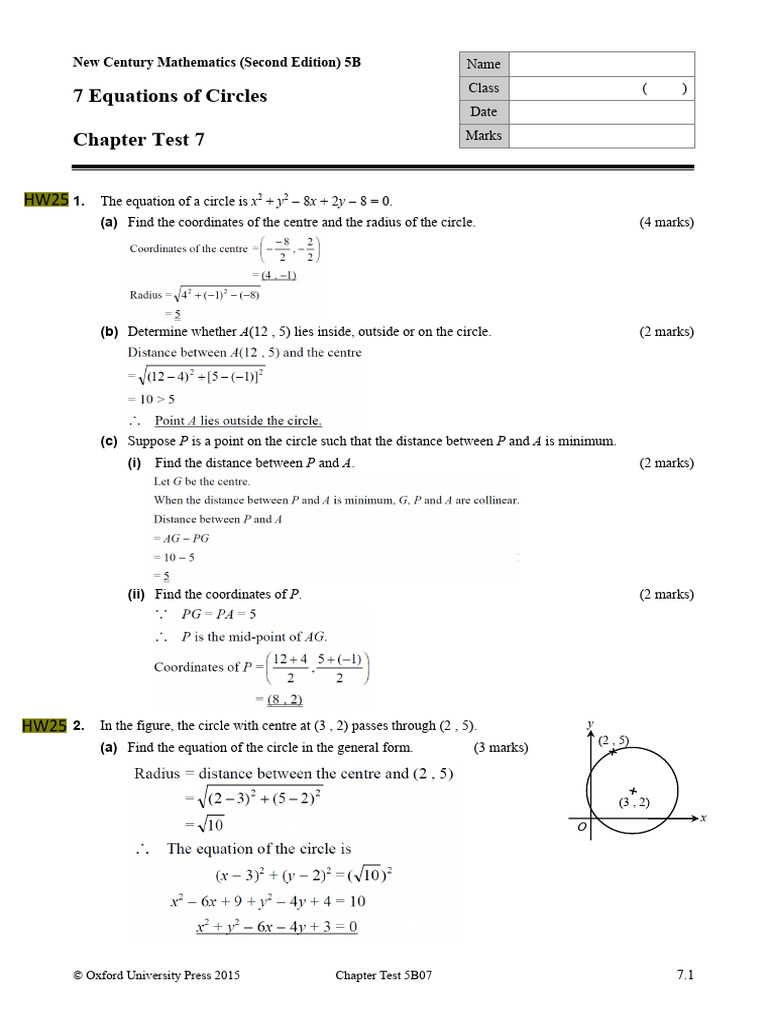 ChapterTest S5 07 Equations of Circles (HW25 Sol) | PDF | Circle | Line ...