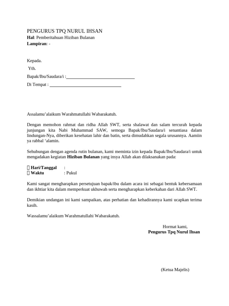 Pemberitahuan Hiziban Bulanan TPQ Nurul Ihsan | PDF