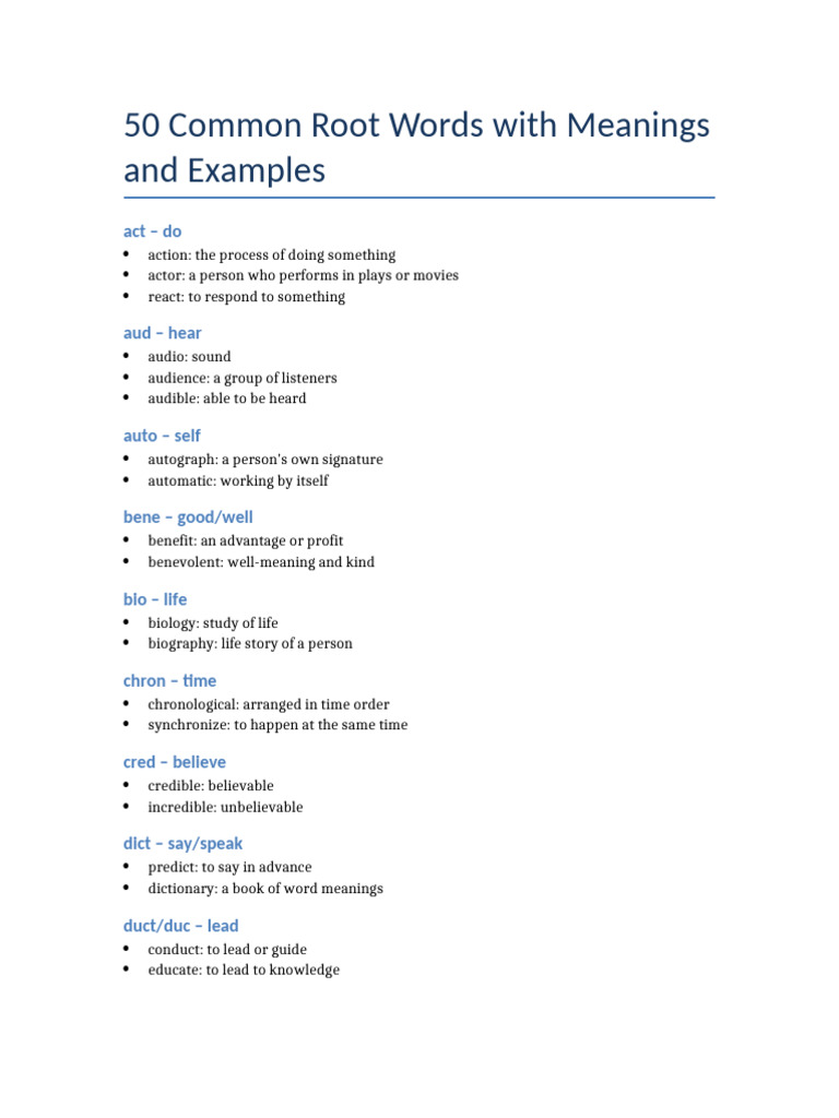 50 Root Words with Meanings & Examples | PDF