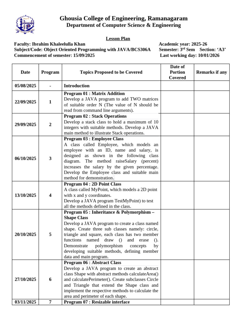 Lesson Plan AUGUST2025 - OOPS With JAVA Lab 'A' Section Batch3 | PDF ...