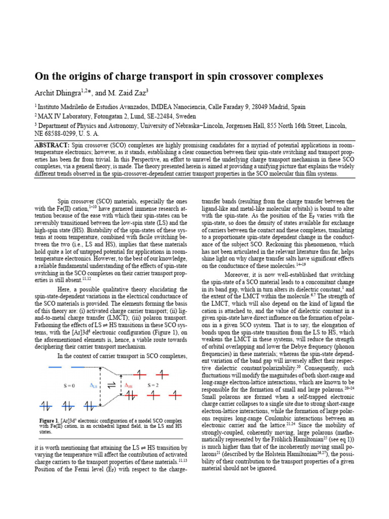 On The Origins of Charge Transport in Spin Crossover Complexes | PDF ...