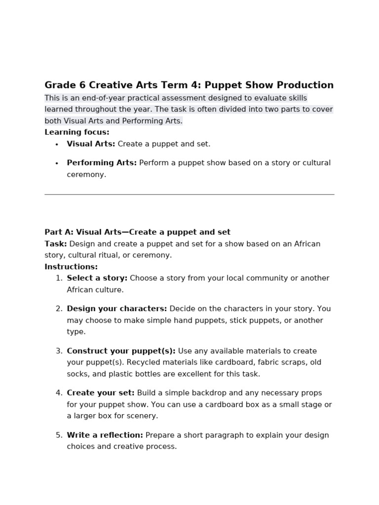 Grade 6 Puppet Show Production Guide | PDF | Creativity | Puppets