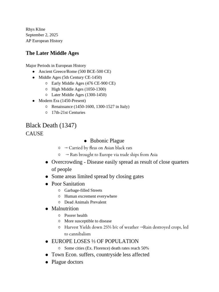 Rhys Kline - Later Middle Ages Notes | PDF | Pope | Catholic Church