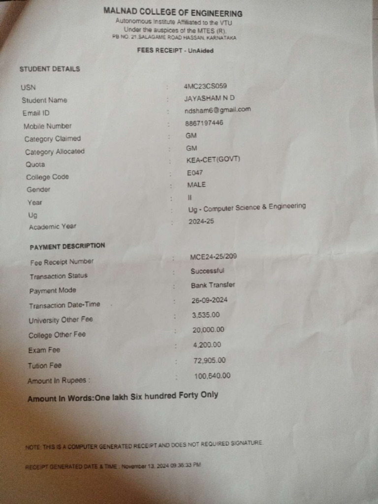 Student Fee Receipt for 2024-25 | PDF