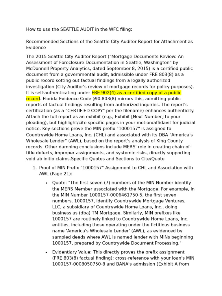 How To Use The SEATTLE AUDIT FOR THE MERS ALLEGATIONS in The WFC Filing ...