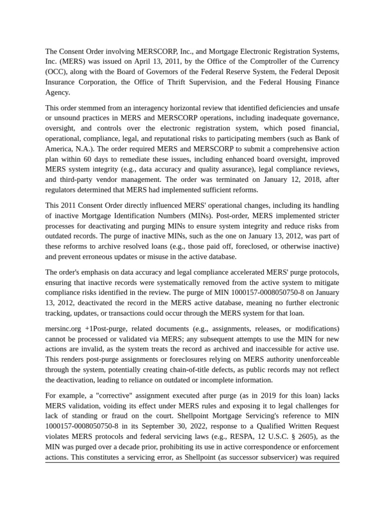 MERS Consent Order and Purge Impacts | PDF | Office Of The Comptroller ...