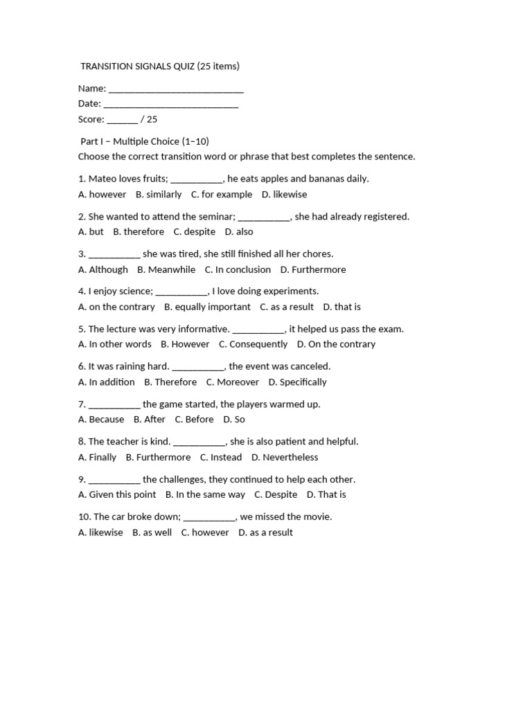 Transition Signals Quiz | PDF