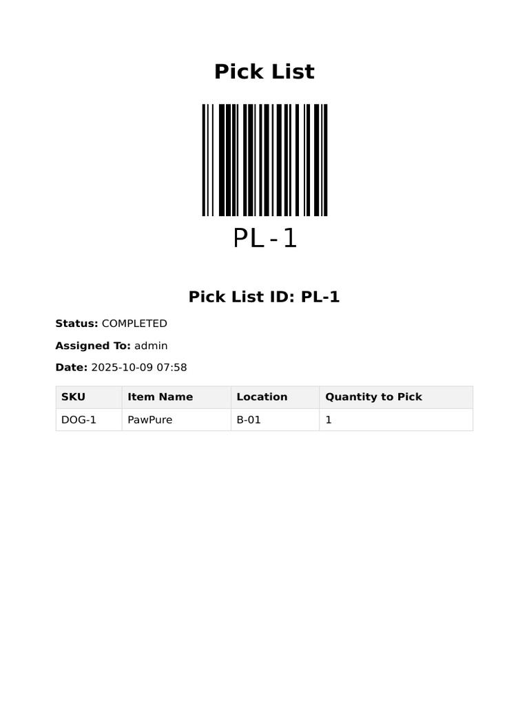 Completed Pick List PL-1 Details | PDF