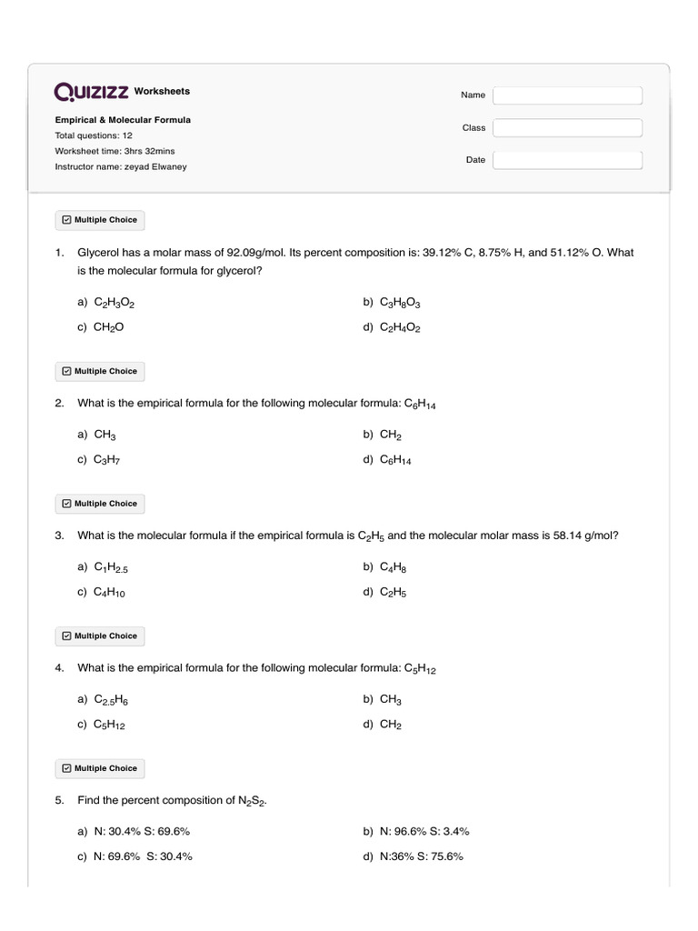 Empirical and Molecular Formula Worksheets | PDF | Molecules | Chess
