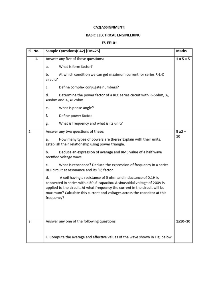 Basic Electrical Engineering CA2 Questions | PDF