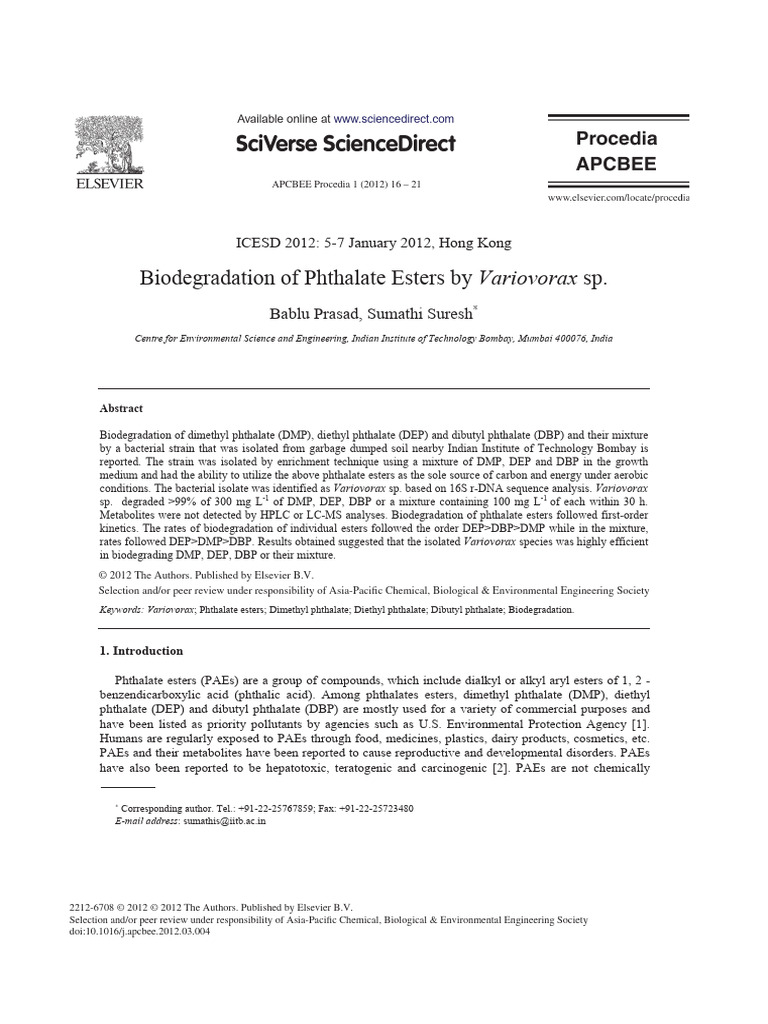01 - Biodegradation of Phthalate Esters by Variovorax SP | PDF ...