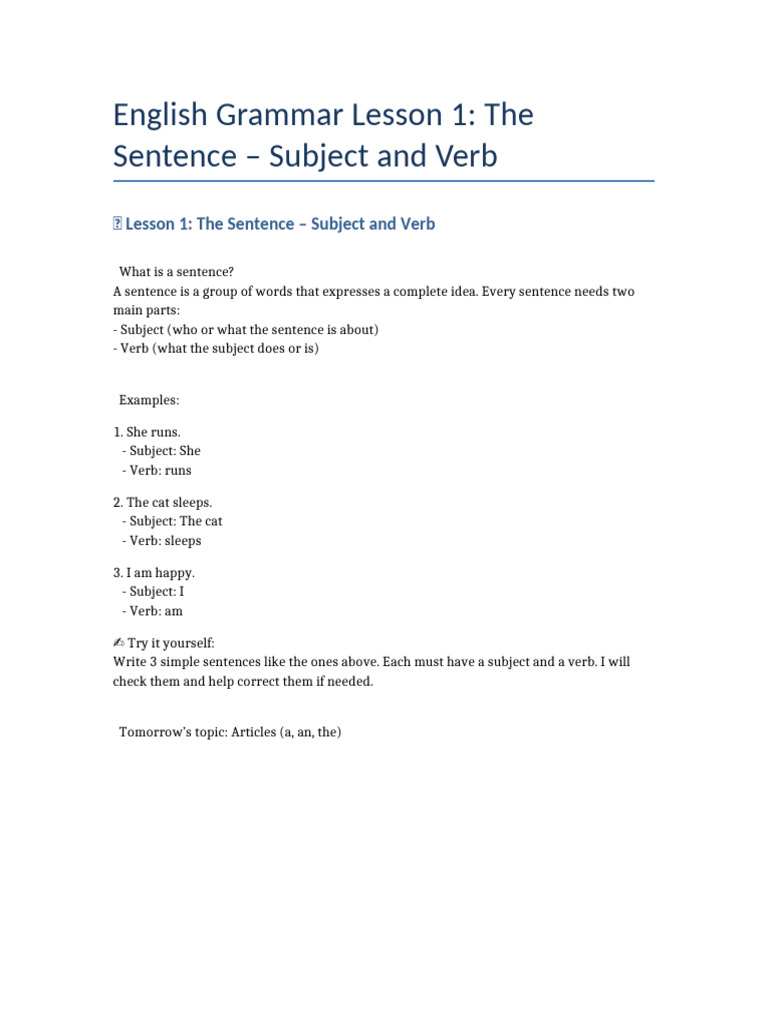 Understanding Subjects and Verbs in Sentences | PDF