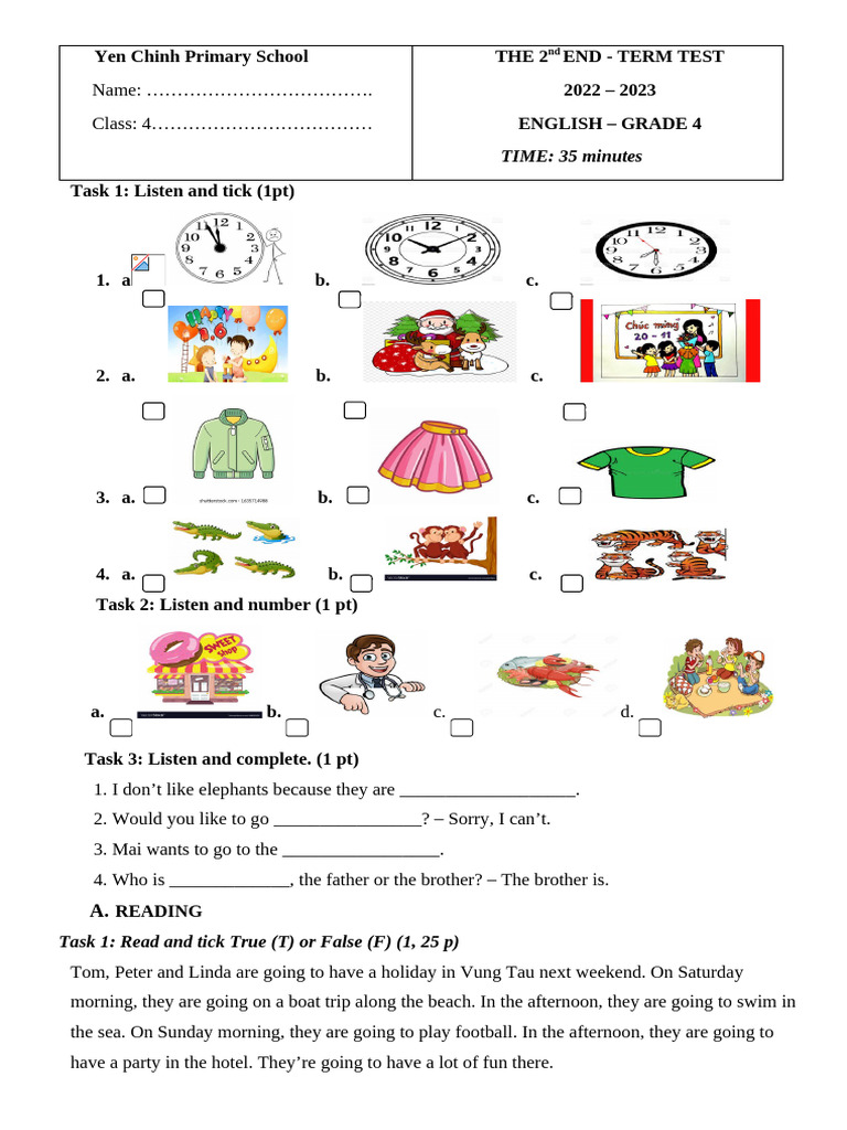 Grade 4 English Test: Listening & Reading | PDF