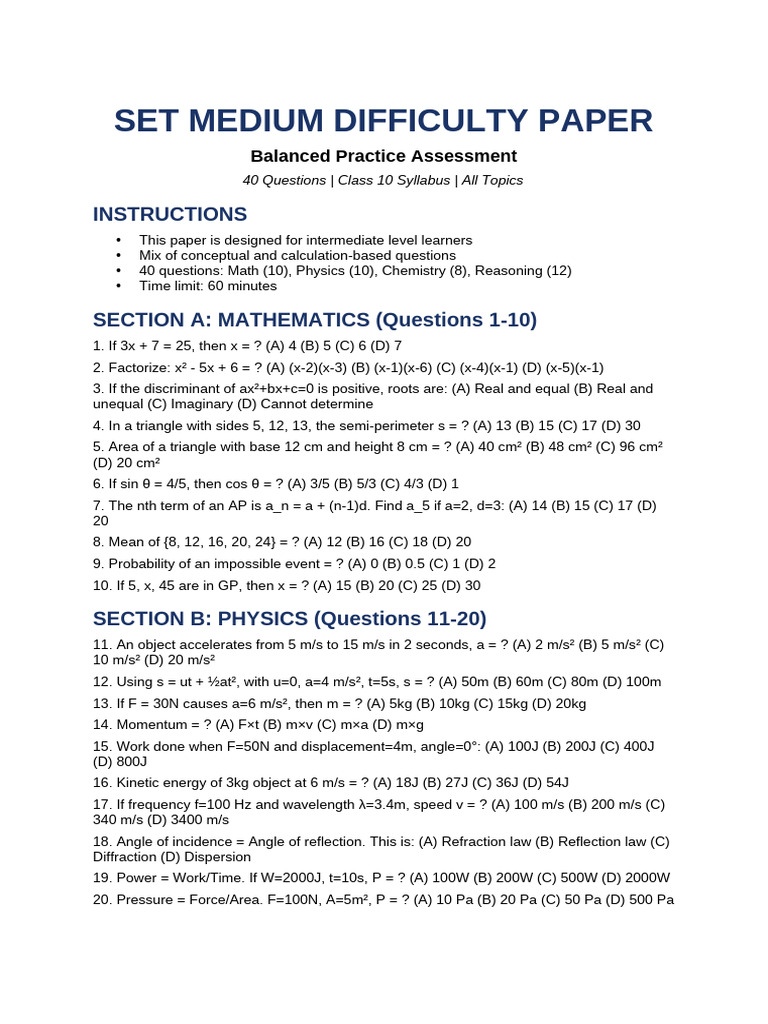 SET Medium Difficulty Paper | PDF | Chemical Compounds | Ion