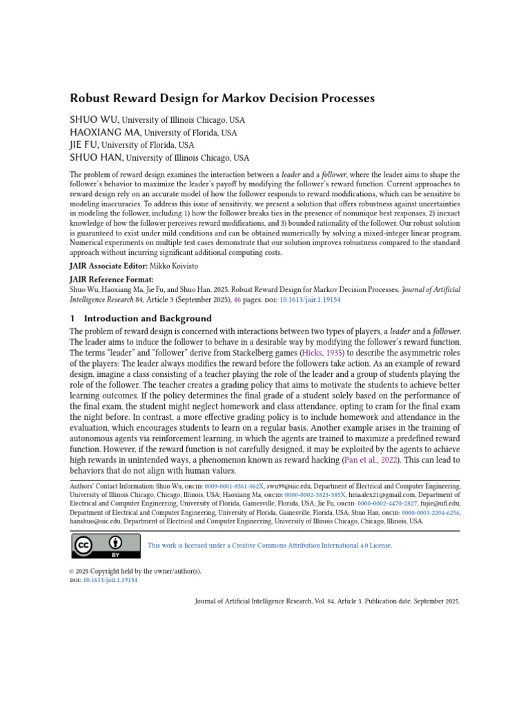 Robust Reward Design For Markov Decision Processes: Shuo Wu, Haoxiang ...