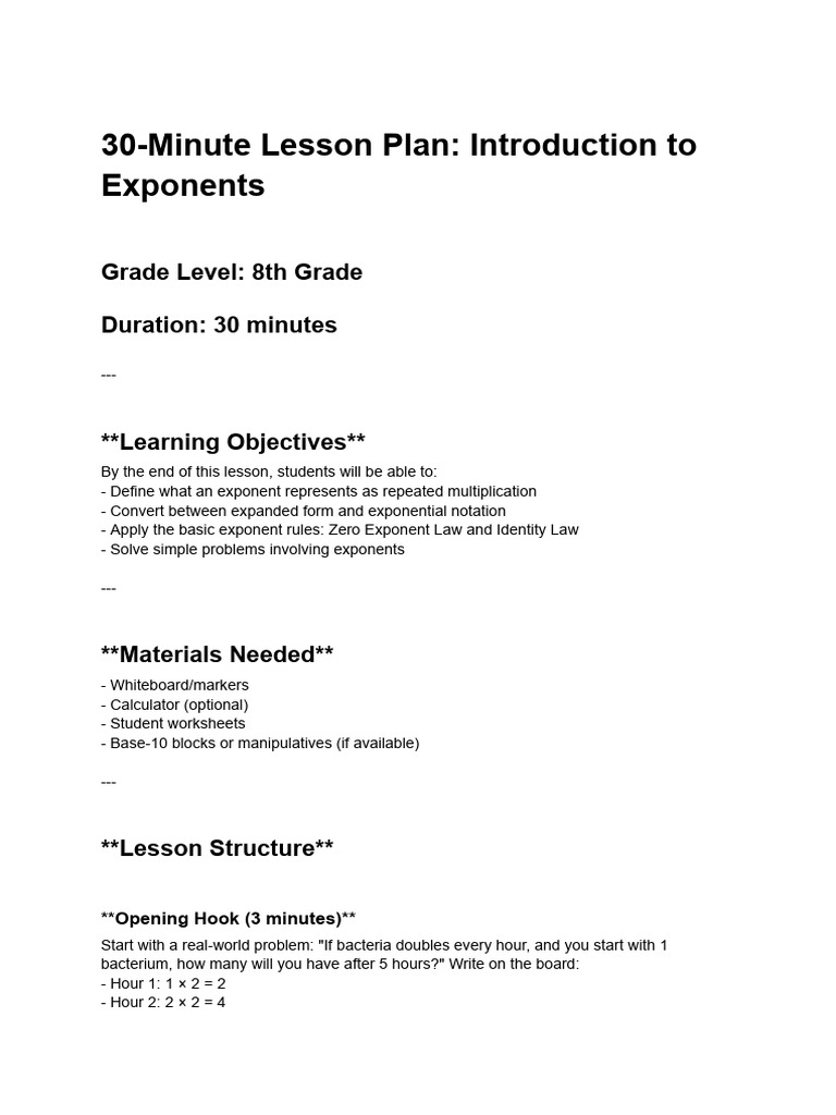 30-Minute Lesson Plan - Introduction To Exponents | PDF