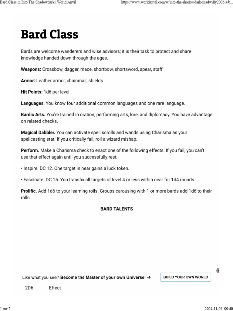 Bard Class in Shadowdark Worldbuilding | PDF