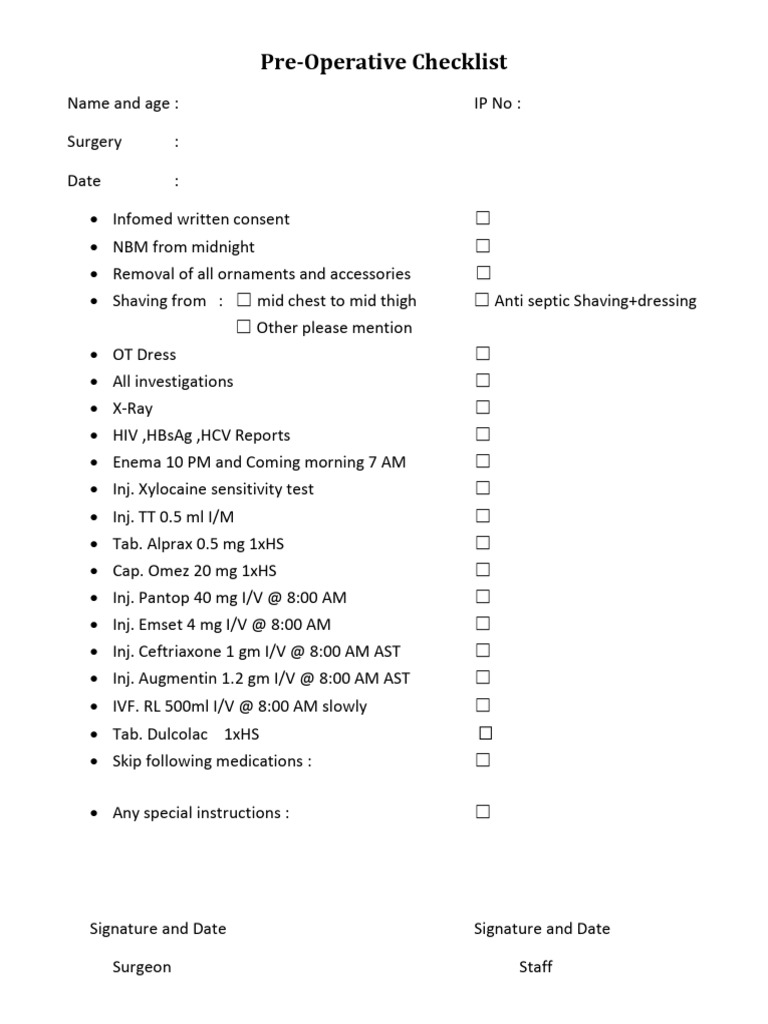 Pre-Operative Surgery Checklist | PDF