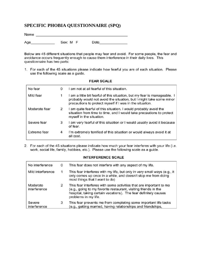 Specific Phobia Questionnaire Guide | PDF