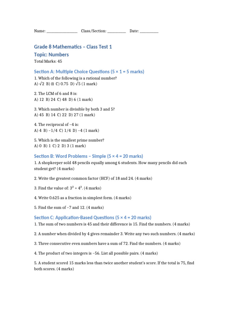Grade 8 Class Test 1 Numbers Marked | PDF