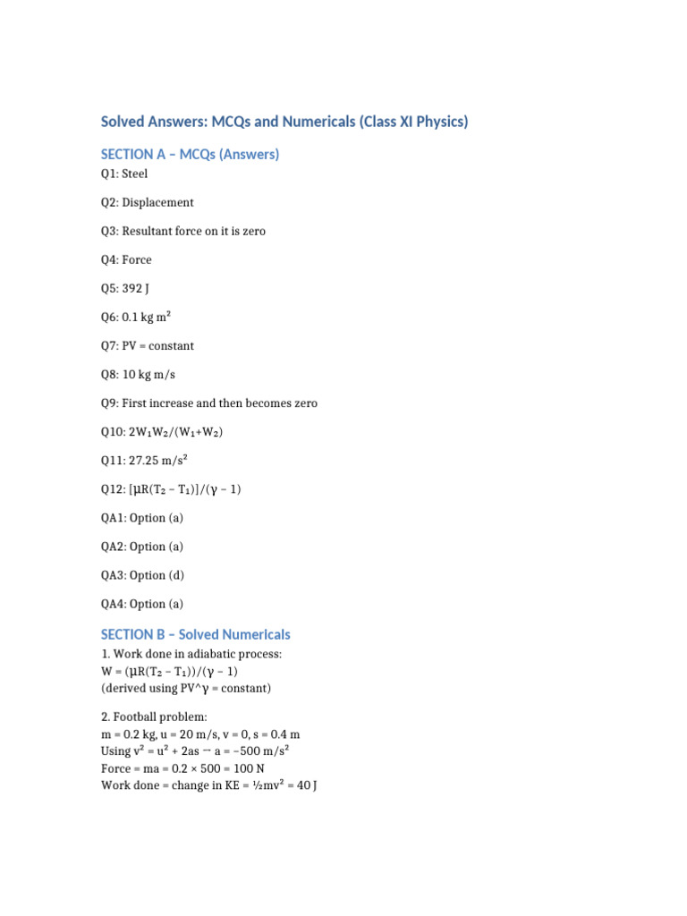 Class XI Physics MCQs & Numericals Solutions | PDF