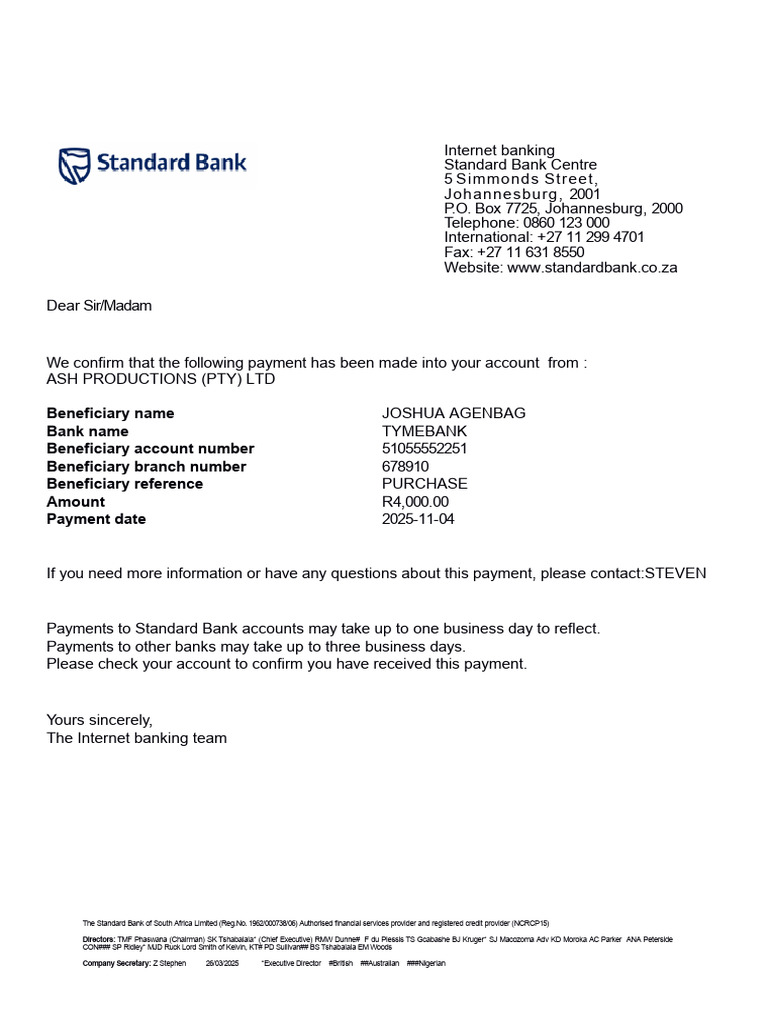 Payment Confirmation from Standard Bank | PDF | Personal Finance | Banking