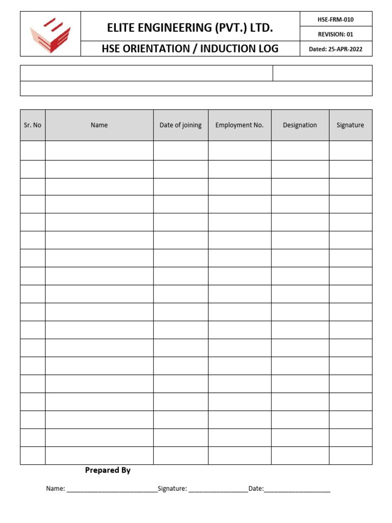 HSE Orientation Induction Log Template | PDF