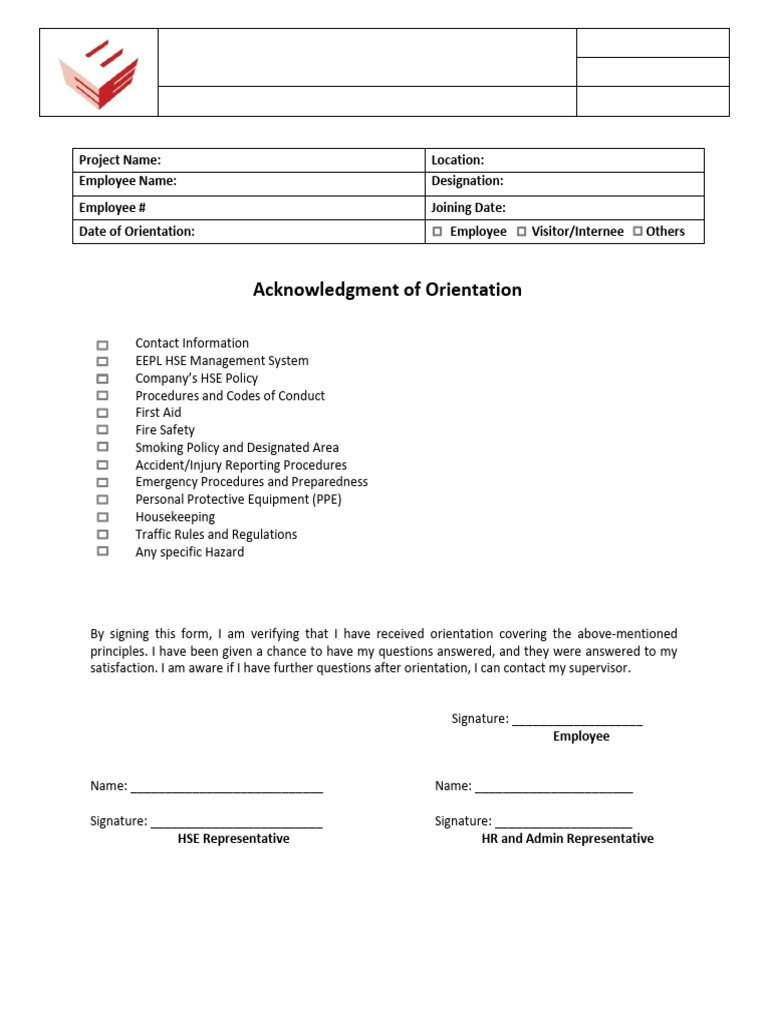 HSE Orientation Acknowledgment Form | PDF