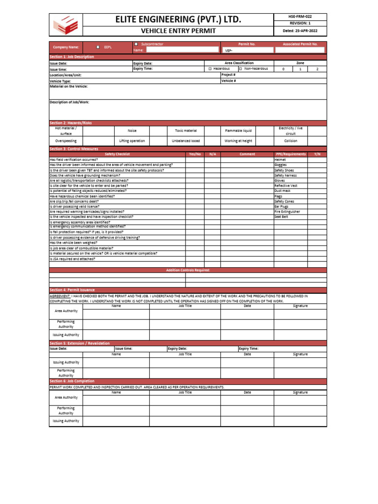 Vehicle Entry Permit Checklist | PDF | Vehicles | Safety