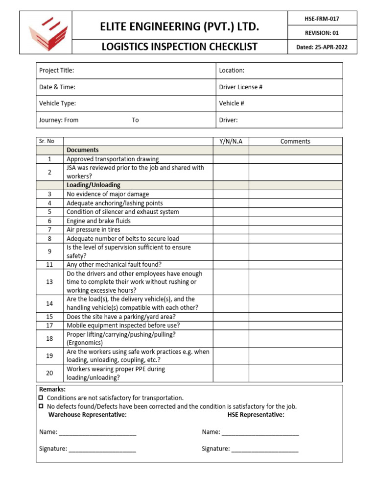 Hse-Frm-017 Logistics Inspection Checklist | PDF