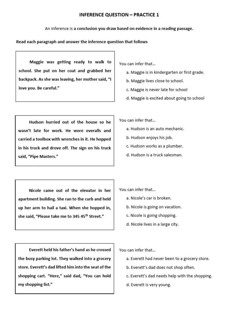 Inference Practice Questions for Reading | PDF