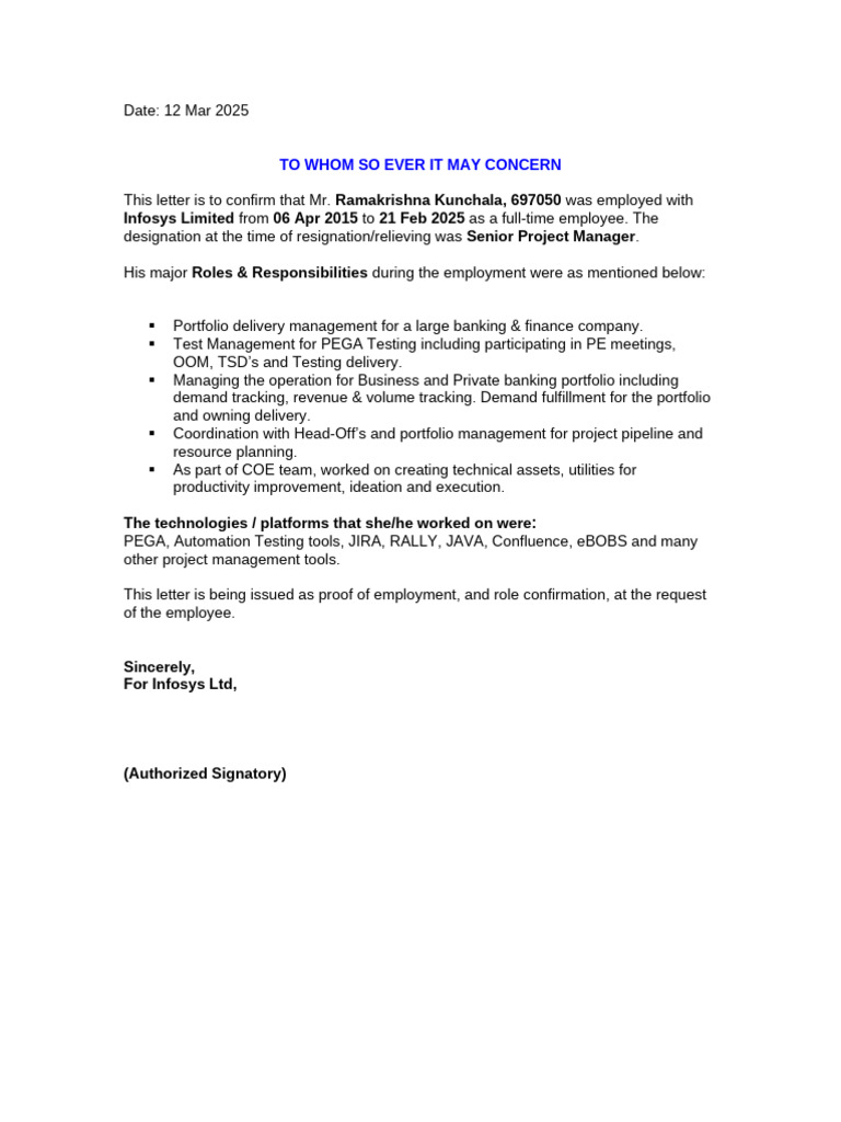 Work Experience Letter Template - Ex-Employees - 697050 | PDF