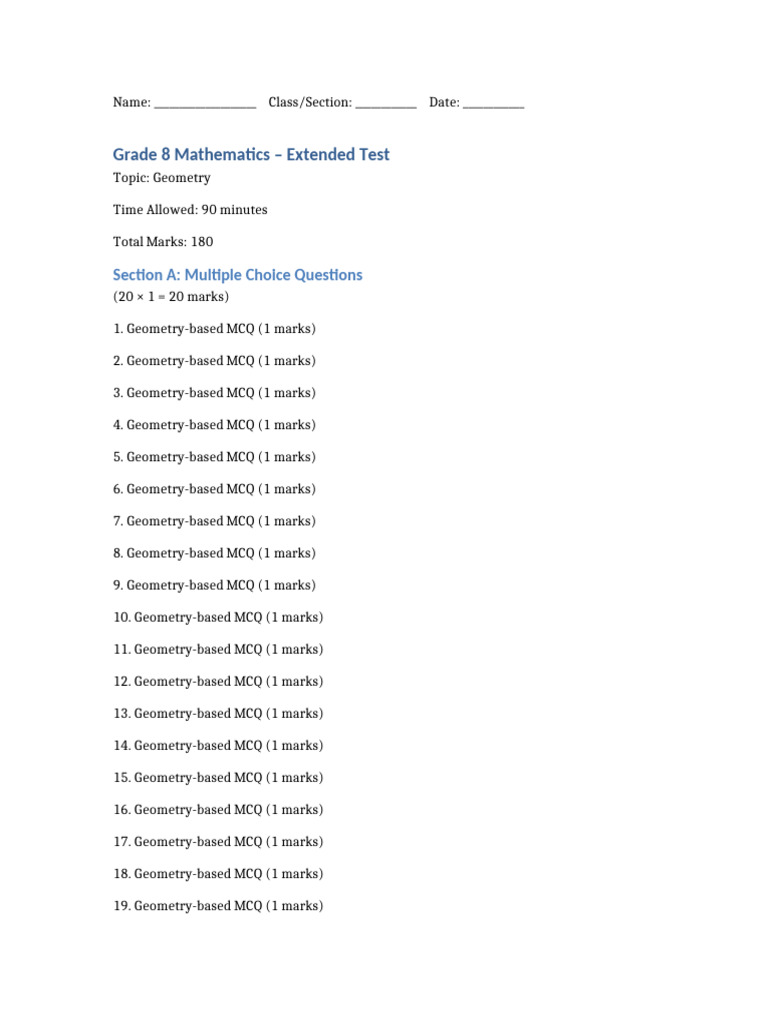 Grade 8 Geometry Extended Test | PDF