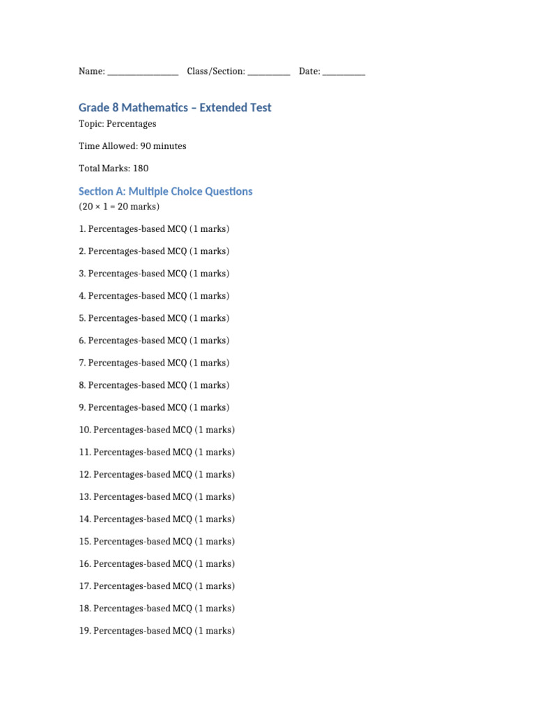 Grade 8 Extended Test Percentages | PDF