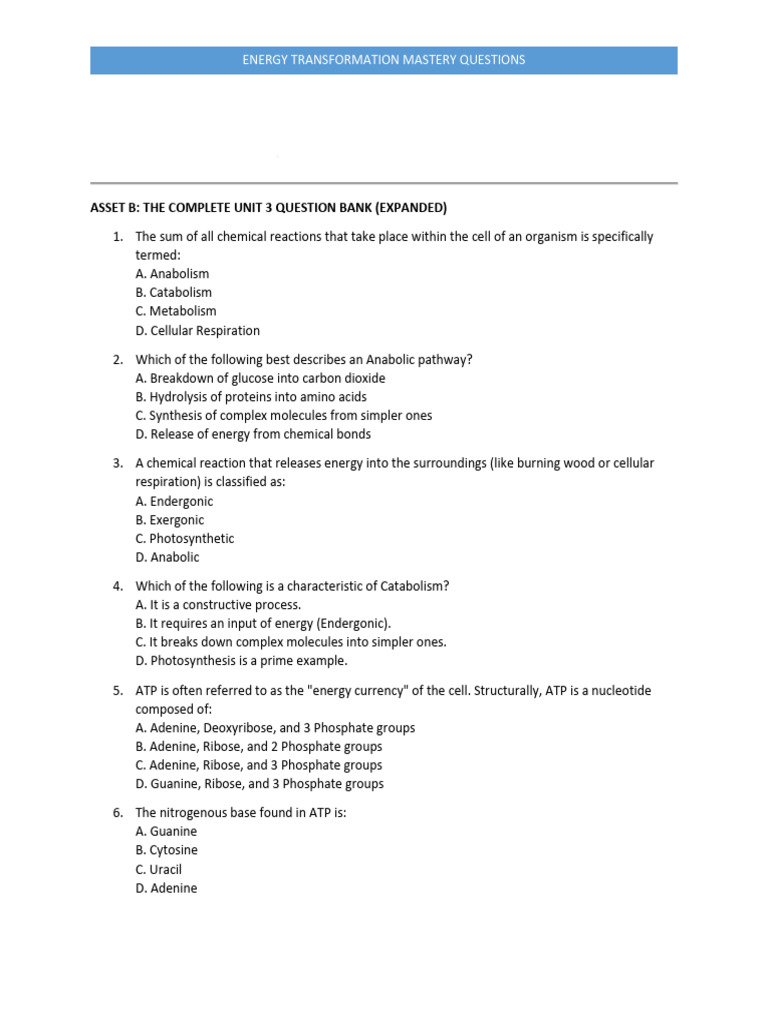 Unit 3 Energy Transformation Questions | PDF | Cellular Respiration ...