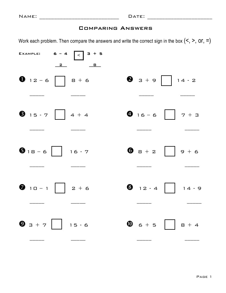 Comparing Answers (, Or, ) : Work Each Problem. Then Compare The ...