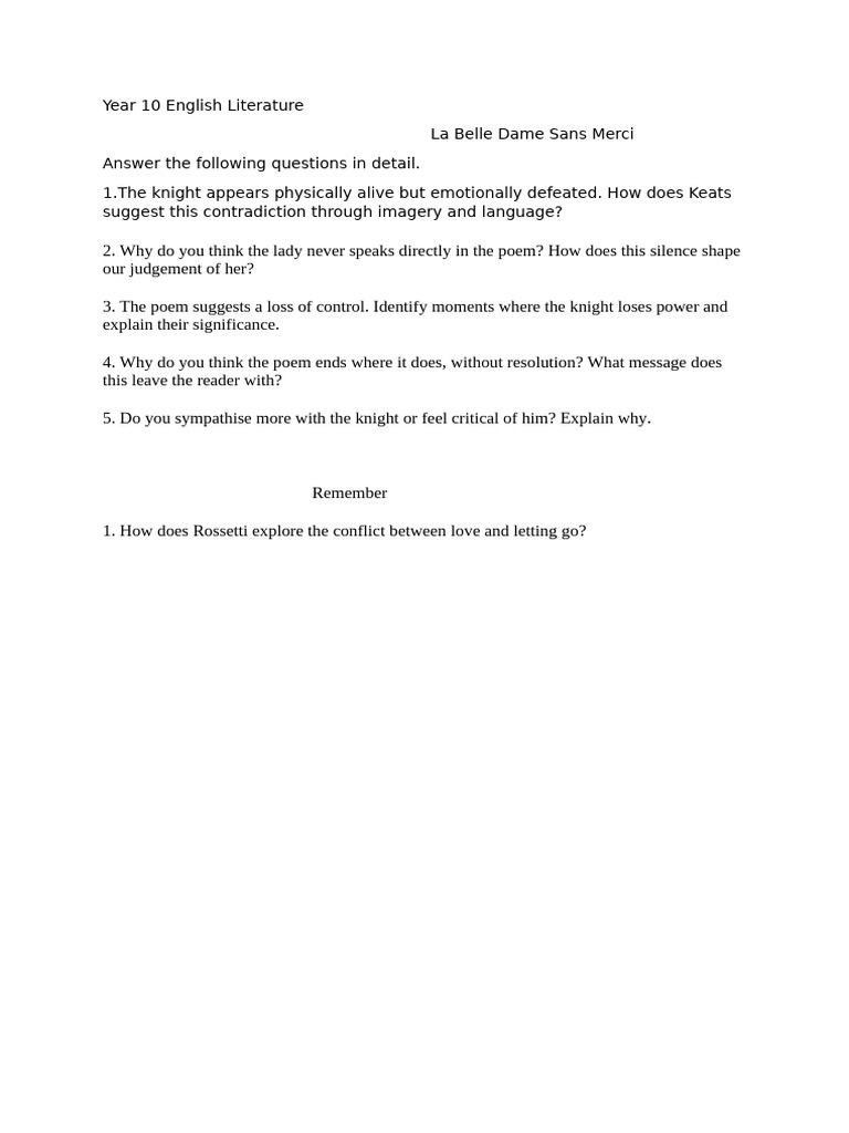 La Belle Dame Sans Merci & Remember Poem Questions | PDF