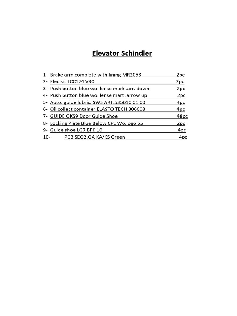Schindler Elevator Parts List | PDF