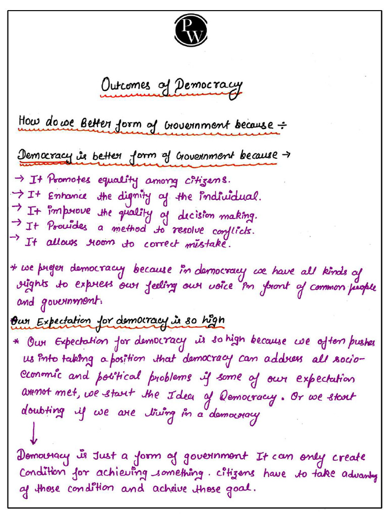 Political Science - Outcomes of Democracy: Handwritten Notes - Udaan ...