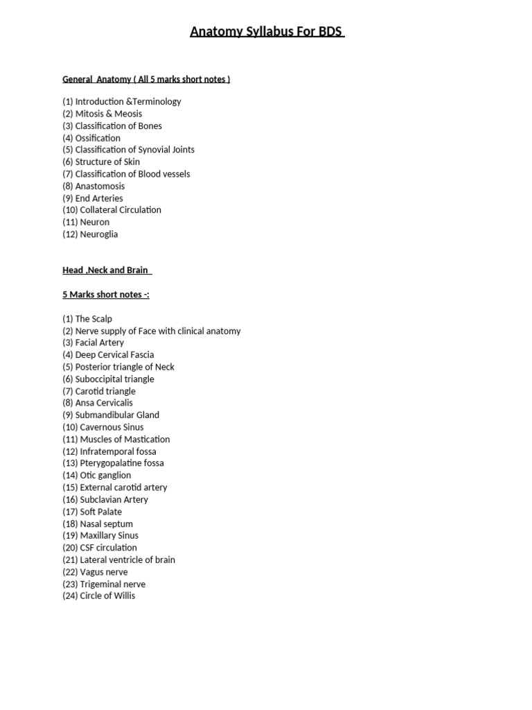 BDS Anatomy Syllabus Overview | PDF