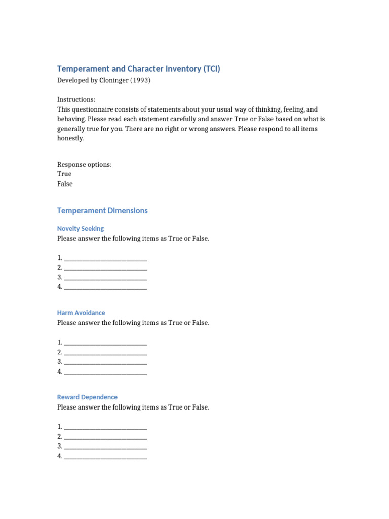 Temperament and Character Inventory TCI | PDF