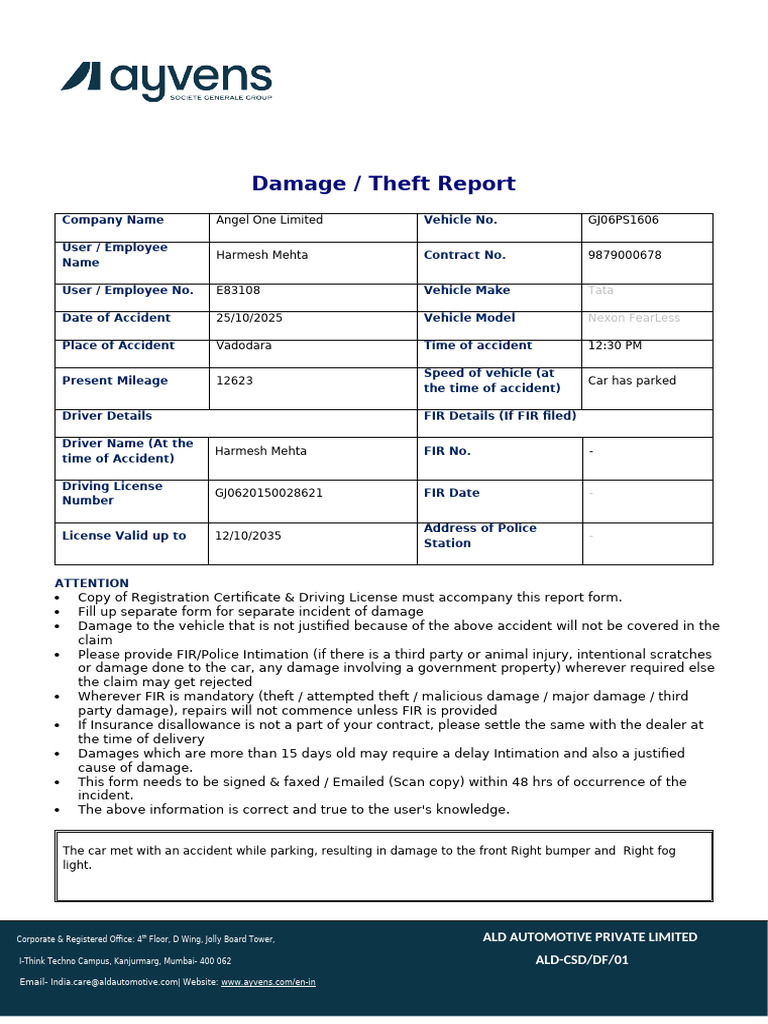 New AYVENS Damage Repair Form | PDF | Vehicles | Transport