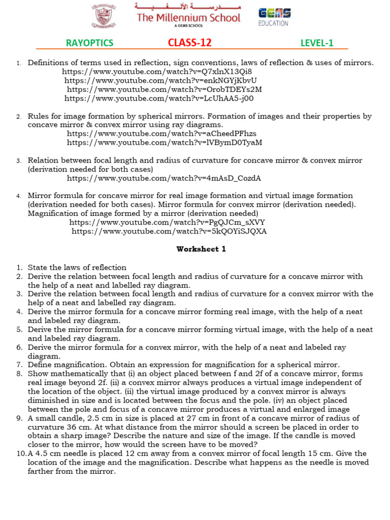 Ray Opticss - Worksheet | PDF | Optics | Light