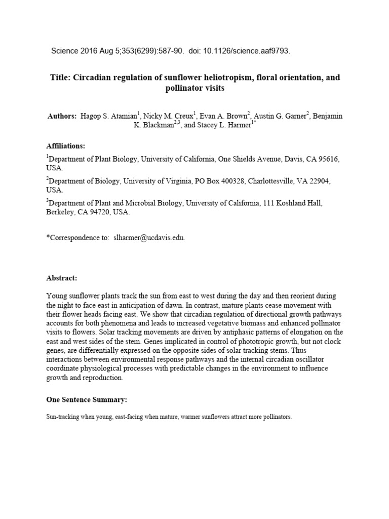 Sunflower Heliotropism and Circadian Growth | PDF | Auxin | Circadian ...