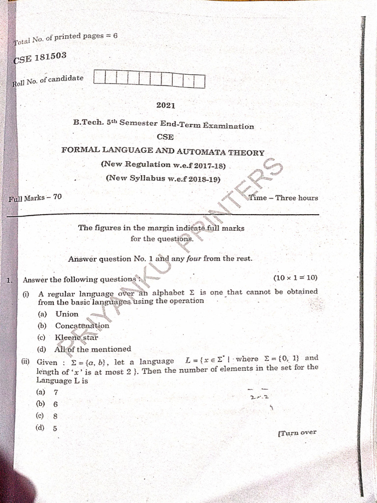 Formal Language 5th Sem PYQs | PDF