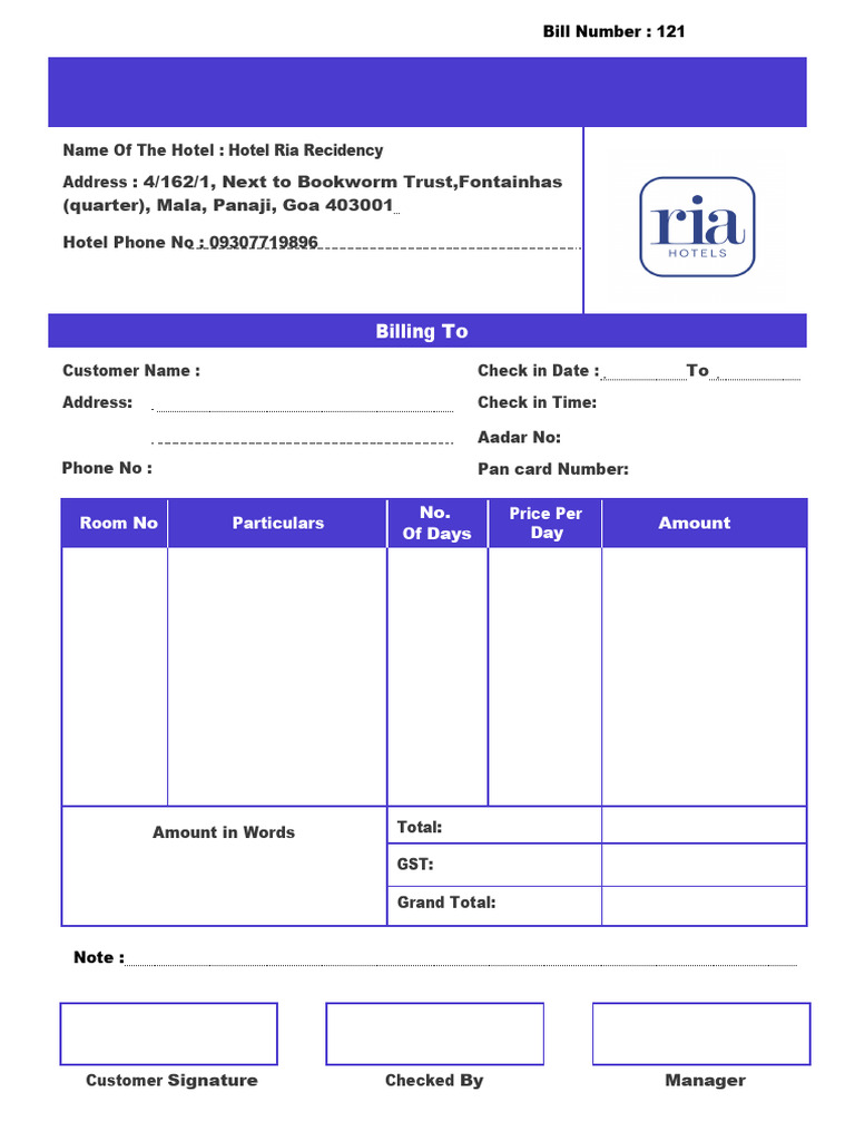 Hotel Bill Format in Word | PDF