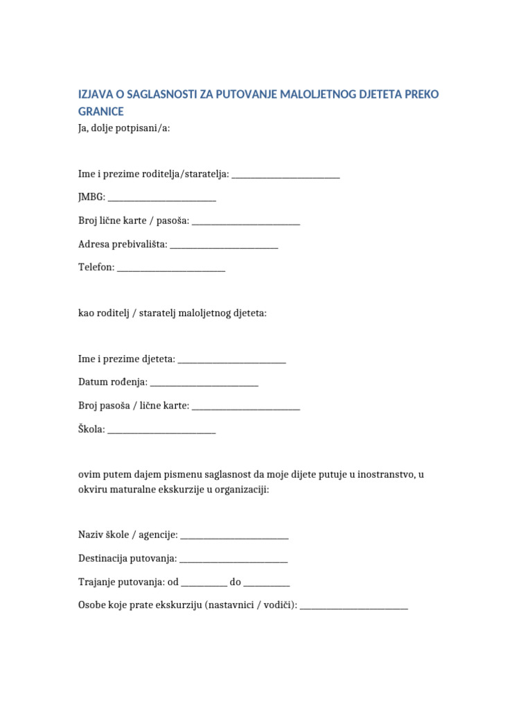 Saglasnost Za Putovanje Maloljetnika | PDF