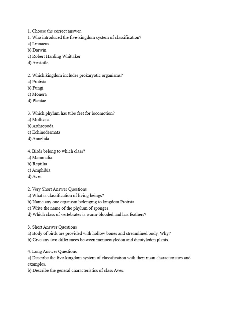 Biology Classification Quiz and Answers | PDF