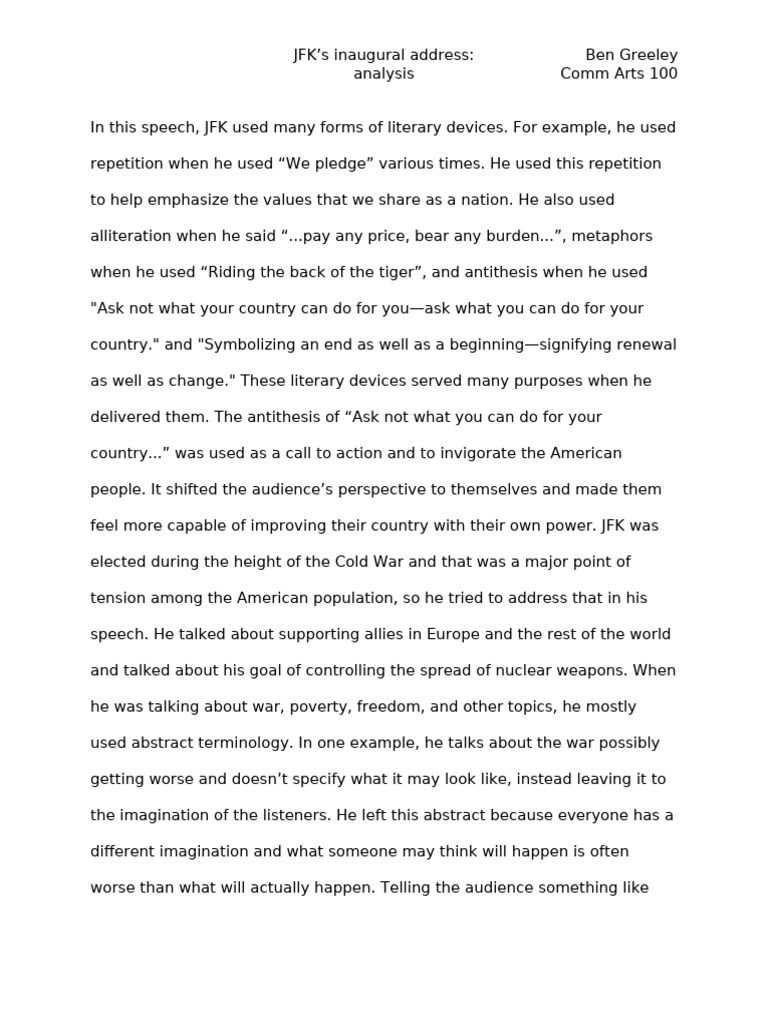 JFK Inaugural Speech Analysis | PDF