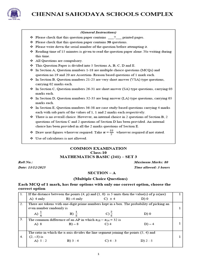 Class 10 Mathematics Exam Paper | PDF | Multiple Choice | Mathematics
